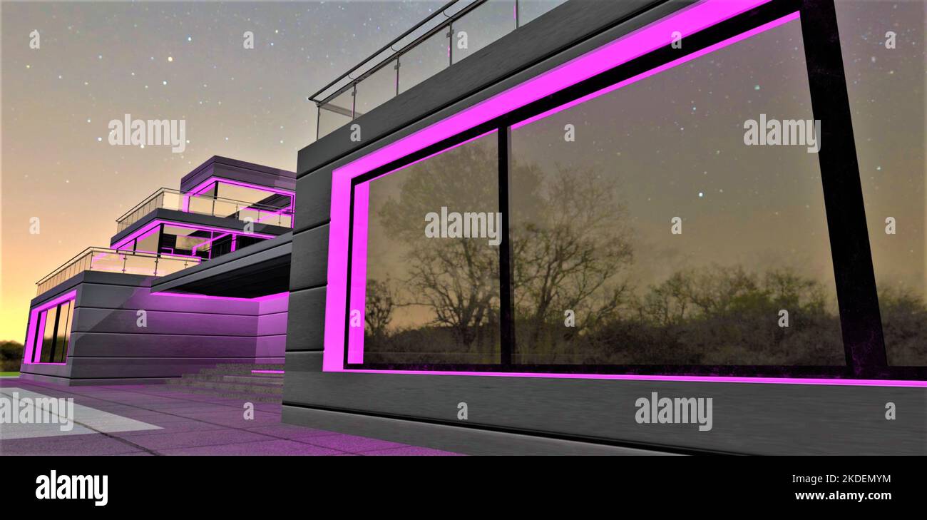Purple illumination of the contemporary low-rise office in the night ...