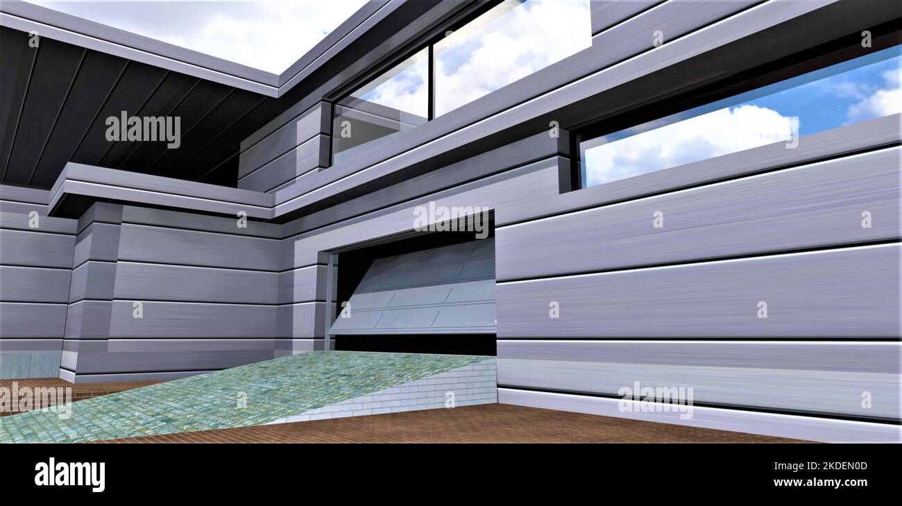 Opening aluminum gates to the garage of modern suburban housing ...