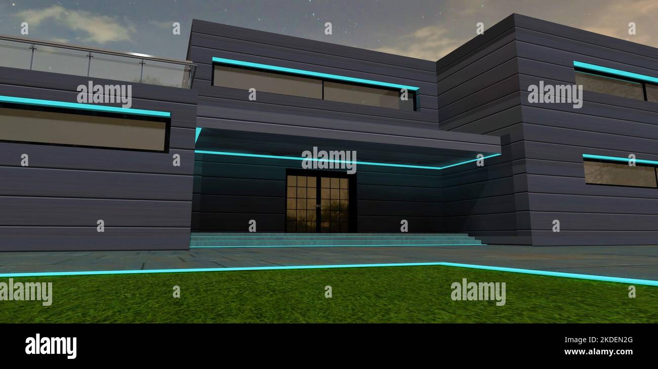 Exclusive contemporary porch with night illumination. Horizontal lines ...