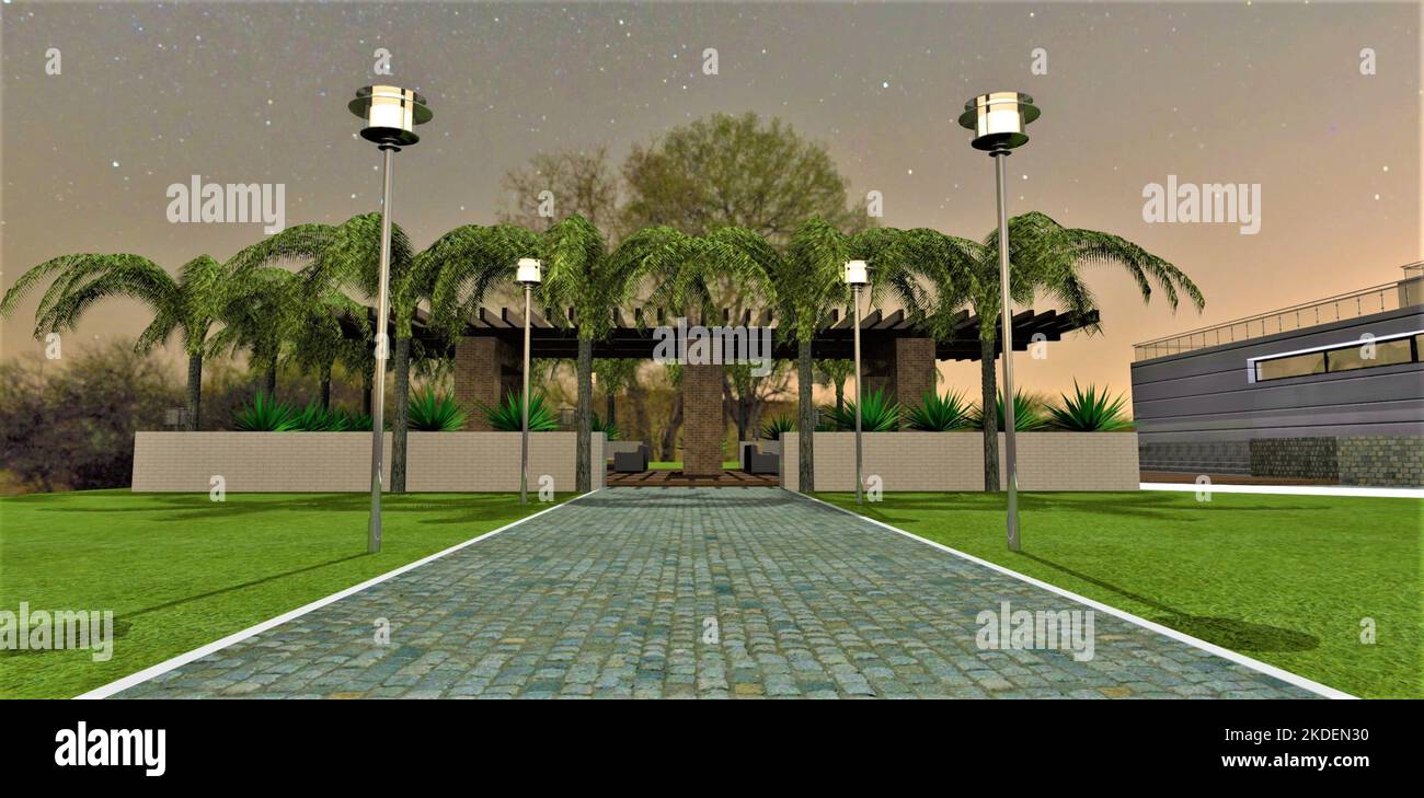 Walkway paved with natural granite stone with white curb along on the ...