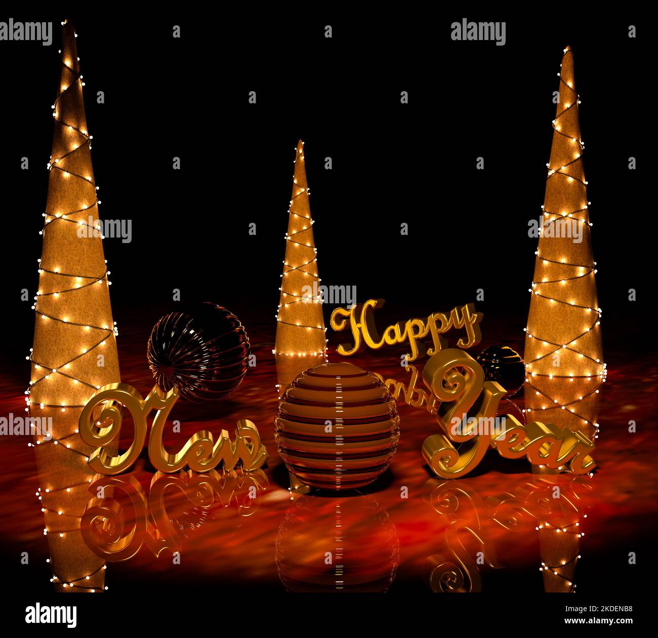 Happy new year golden text with Christmas trees over dark background ...