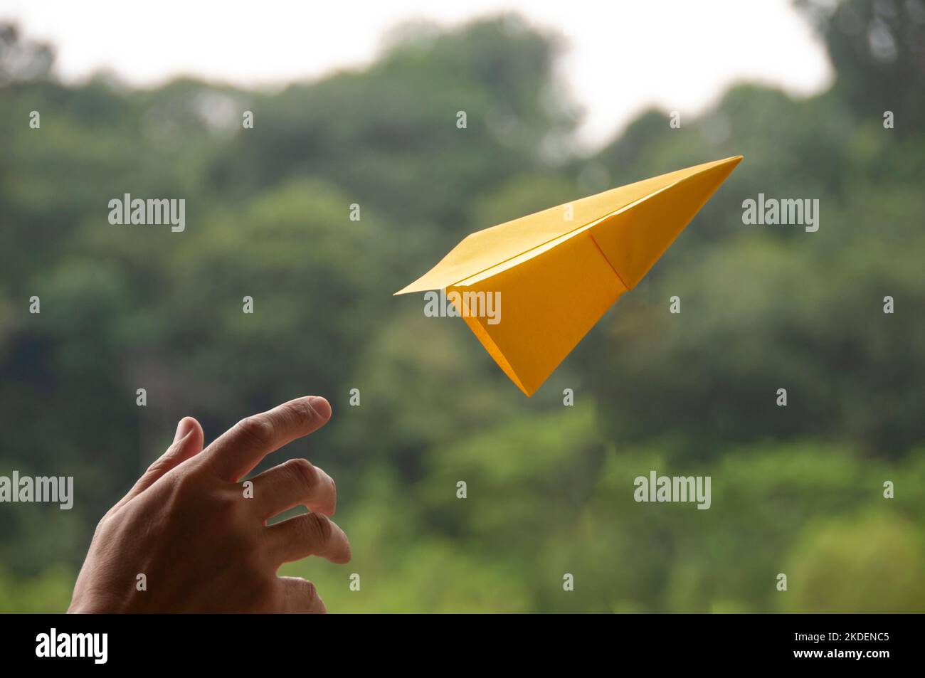 Hand throwing yellow paper plane with green nature background Stock ...