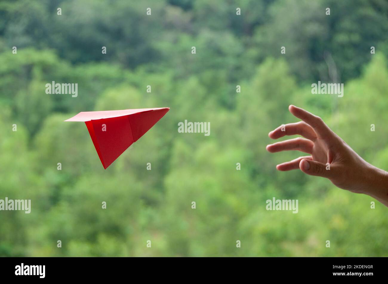 Hand catching red paper plane with green nature background Stock Photo ...