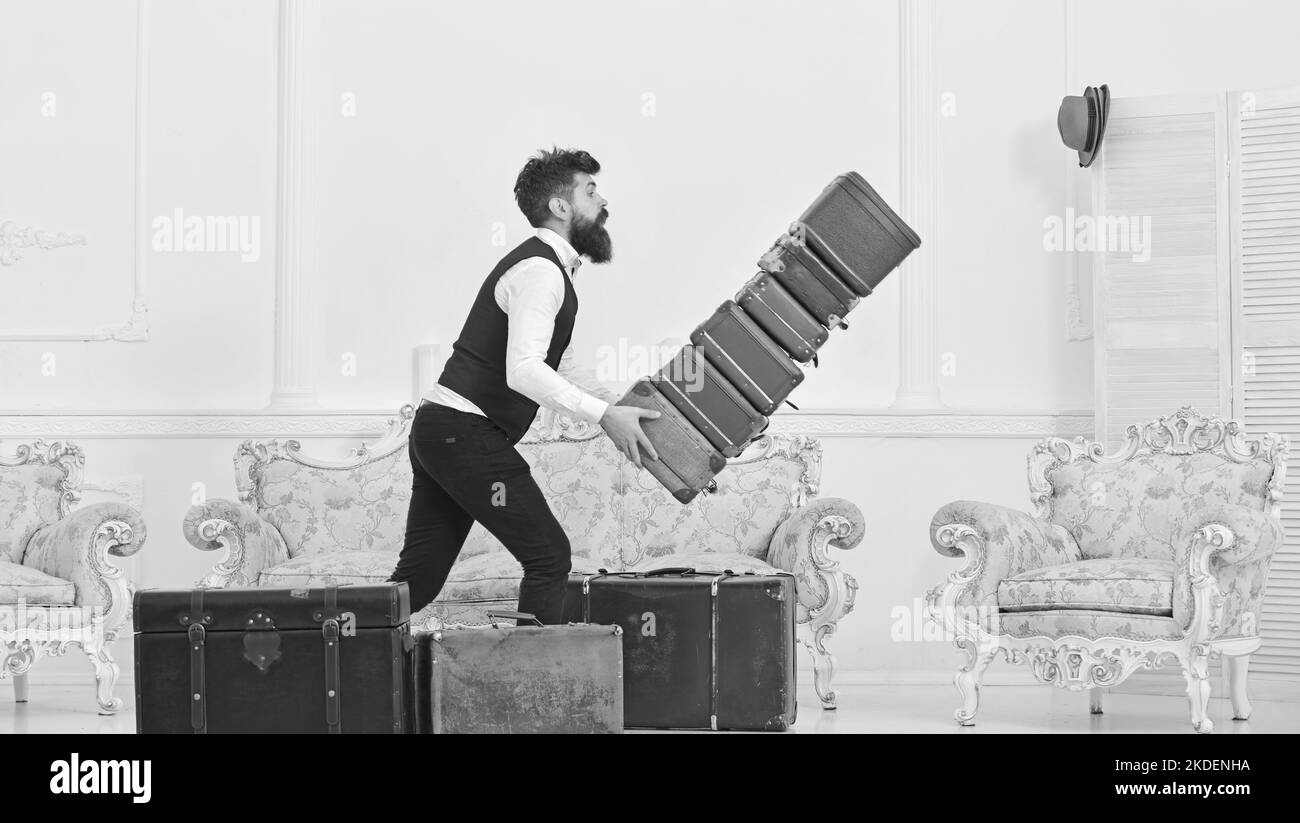 Baggage insurance concept. Man with beard and mustache in classic suit ...
