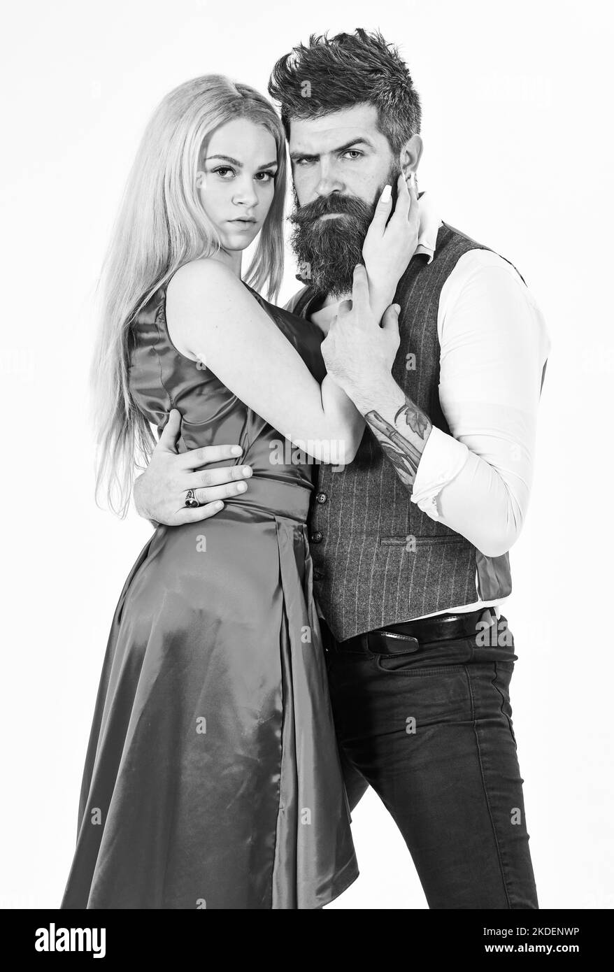 Bearded hipster and attractive lady dressed up for dancing contest ...