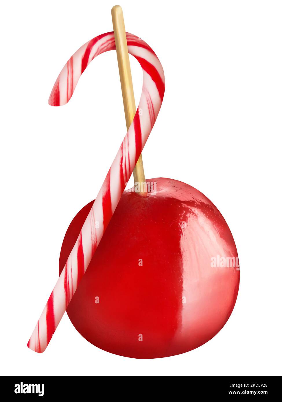Red candied apple and candy cane isolated on white background Stock ...