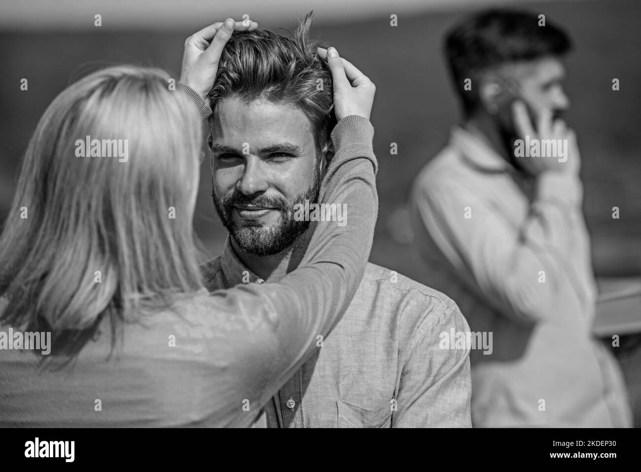 Face to face conversation advantages concept. Partners glad to see each ...