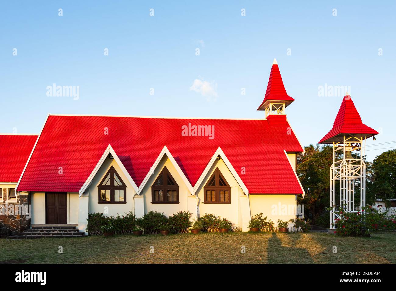 Red-roofed church Notre Dame Auxiliatrice at Cap Malheureux, Riviere du ...