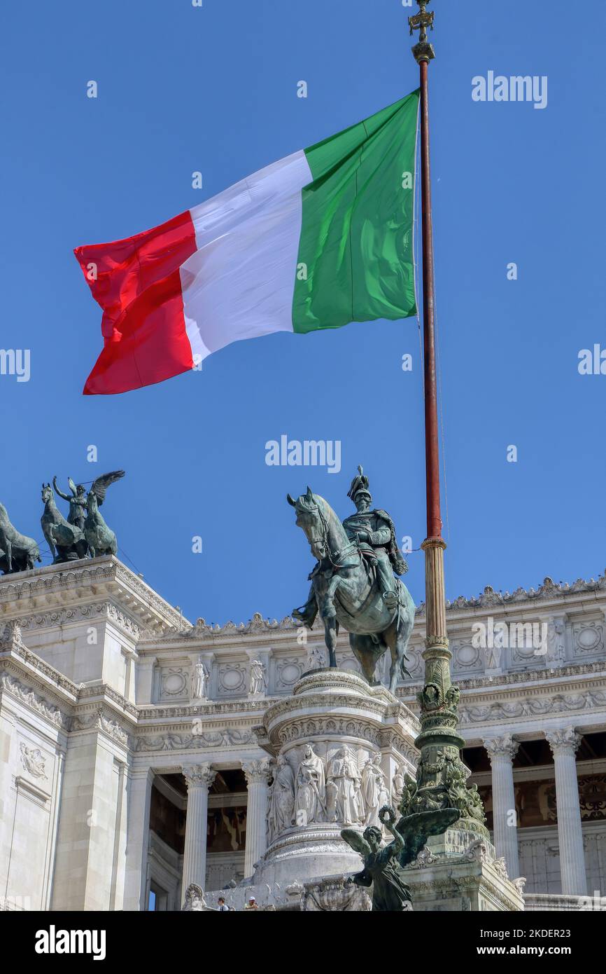 The equestrian statue of Vittorio Emanuele II with the Italian flag ...