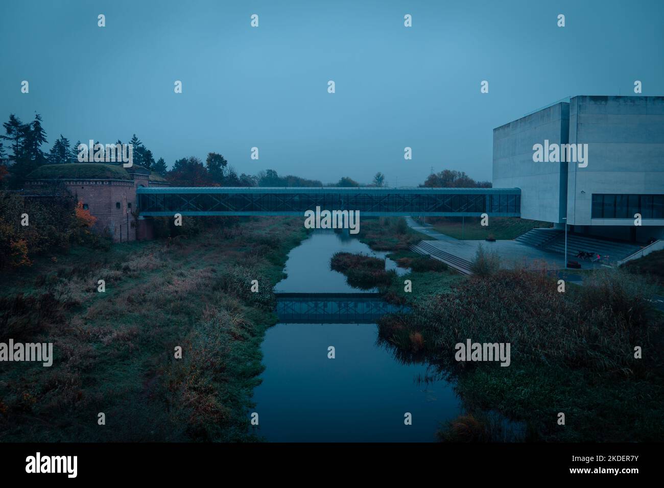 Museum Porta Posnania (Brama Poznania) and the bridge over the Cybina River. Modern Interactive ...
