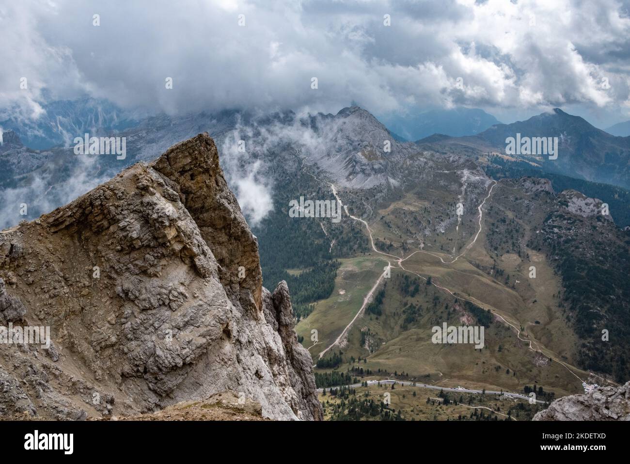 Adventurous hike up to mount Lagazuoi in the Dolomite Alps, view on the ...