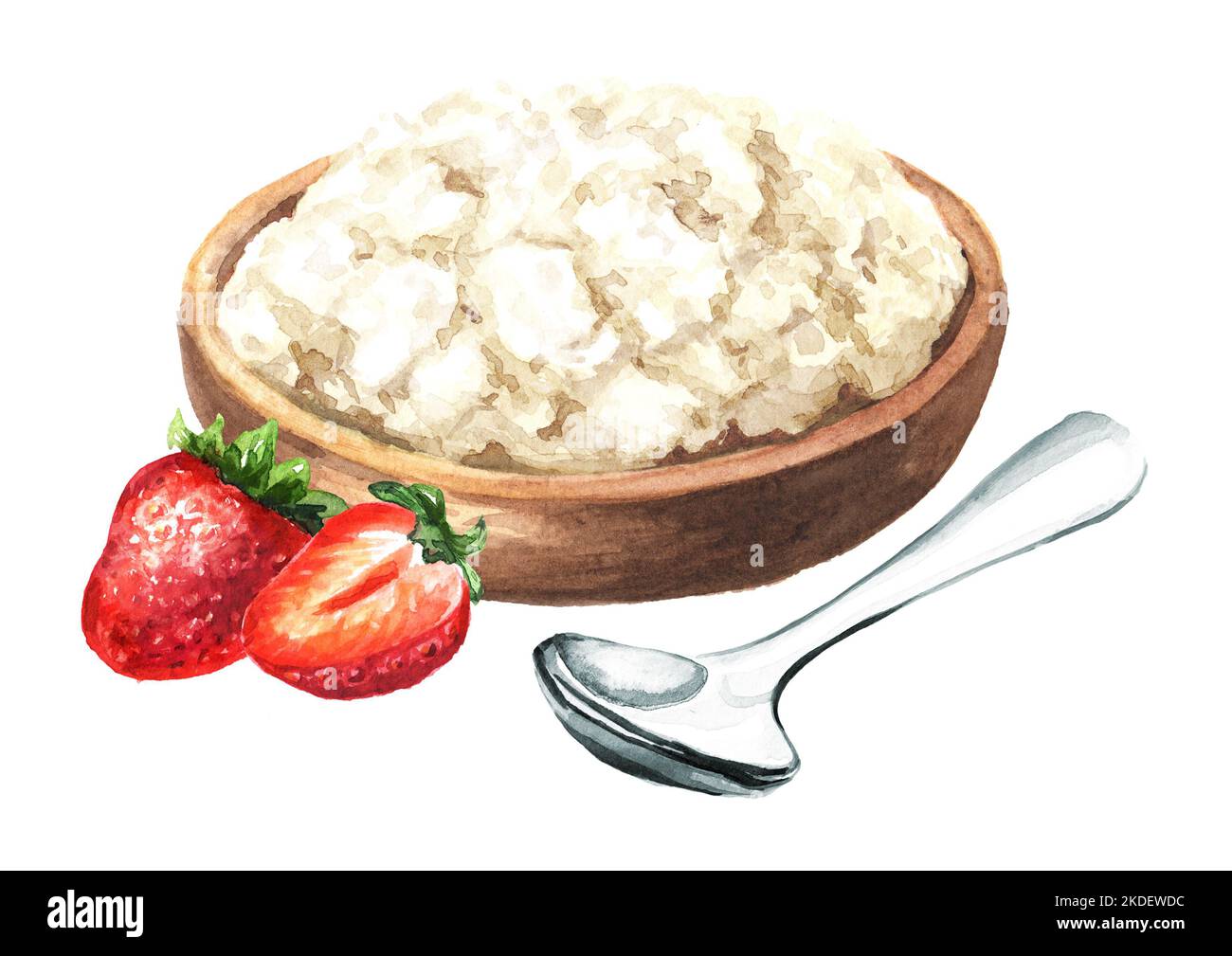 Cottage cheese in a wooden bowl, Hand drawn watercolor illustration ...