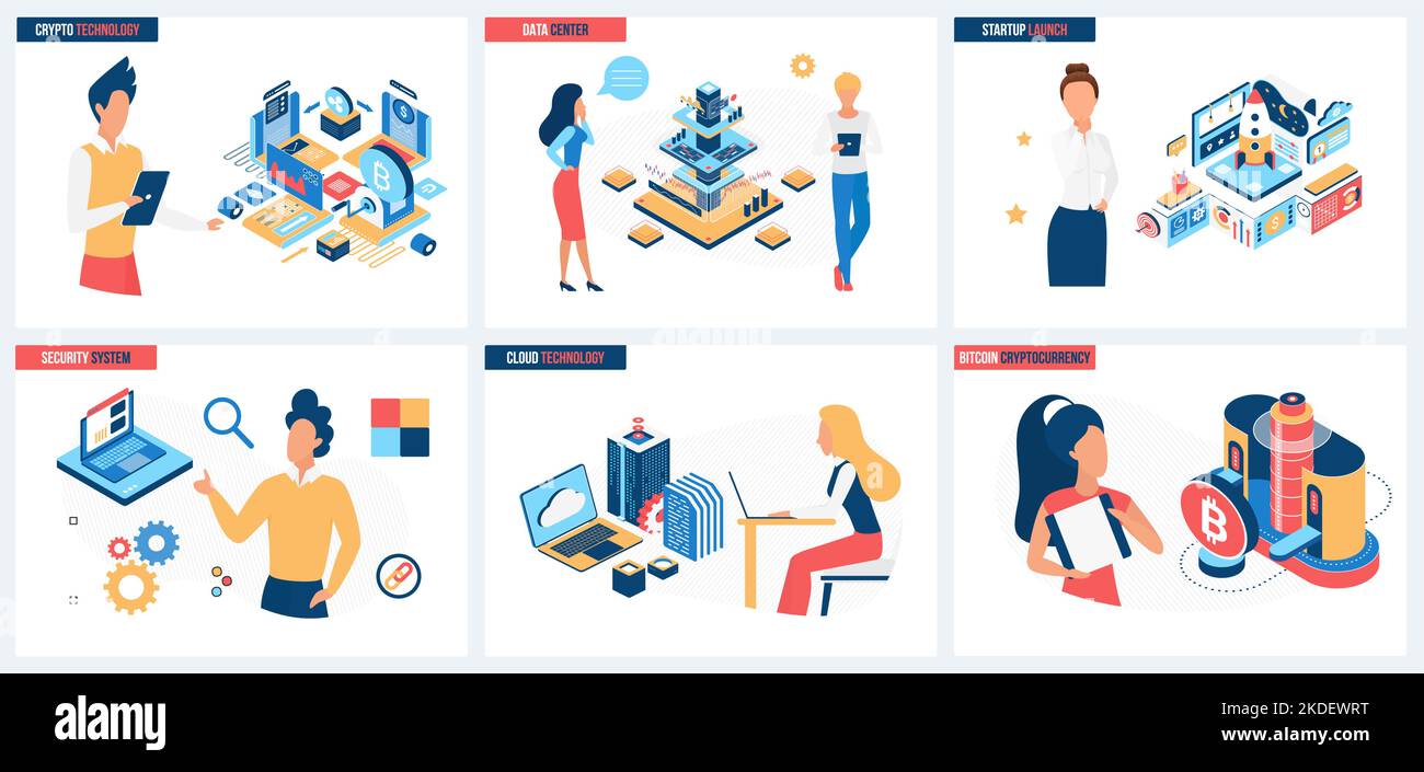Cryptocurrency, business startup technology set vector illustration. Cartoon tiny people launch ...