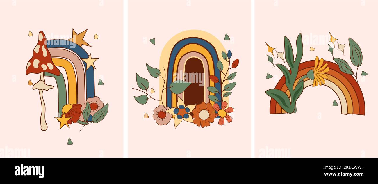 Positive composition 70s, with colorful rainbows, vintage flowers and ...