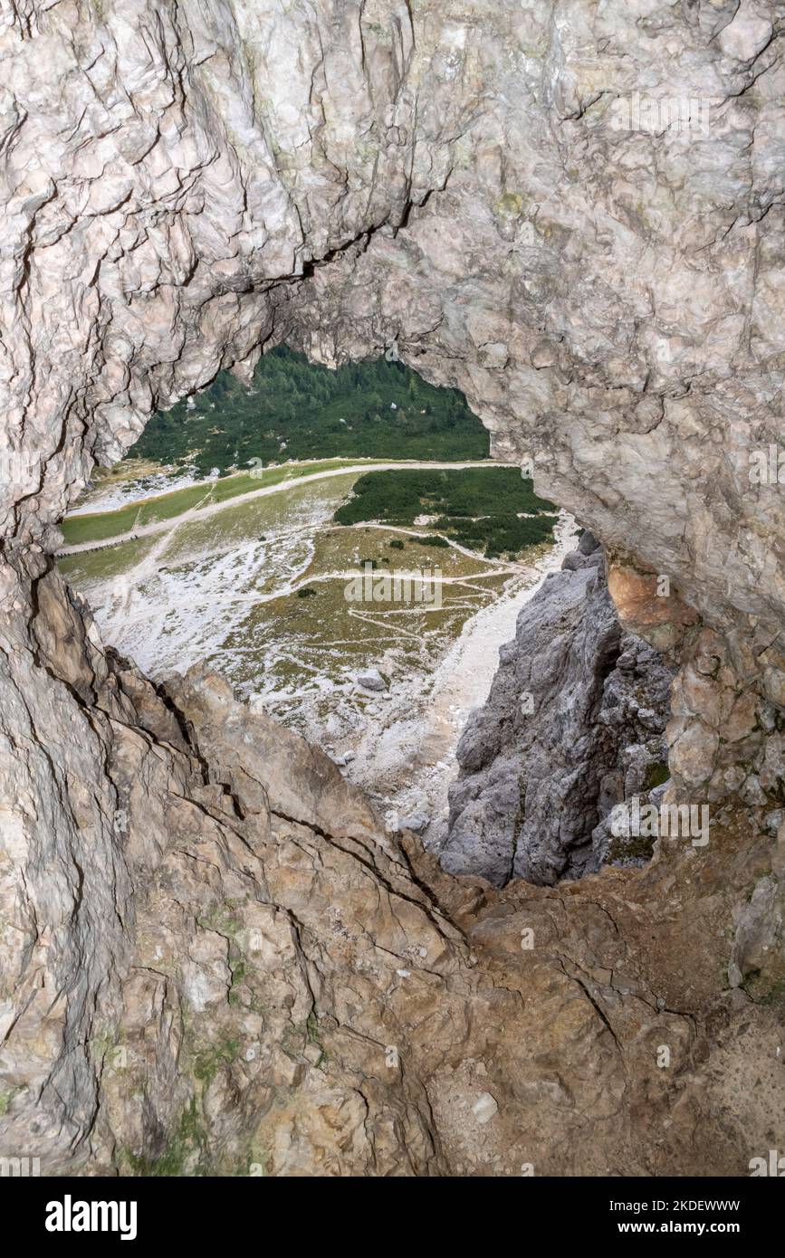 View out of a loophole of the Mount Lagazuoi tunnels, built during the ...
