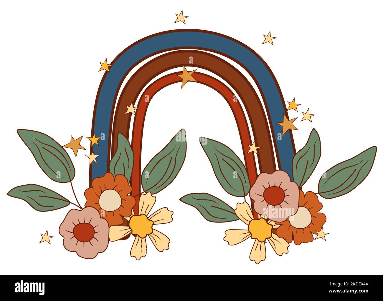 Positive composition 70s, with colorful rainbow, flowers and leaves ...