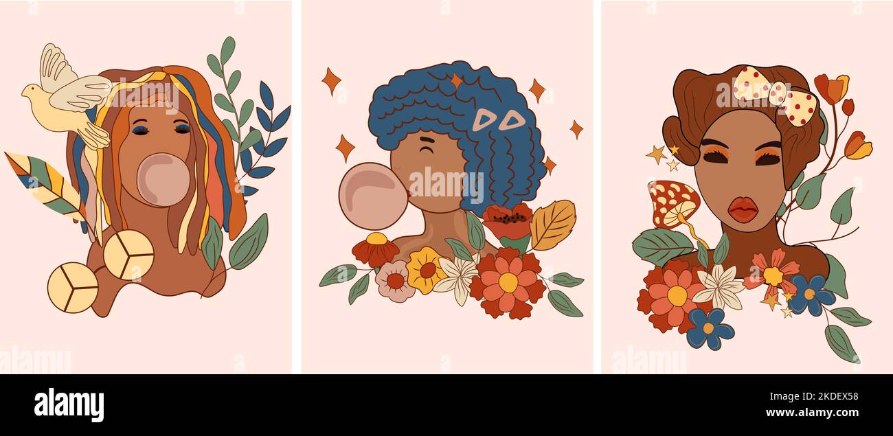 Positive hippie composition 70s, with retro girls, colorful flowers and ...