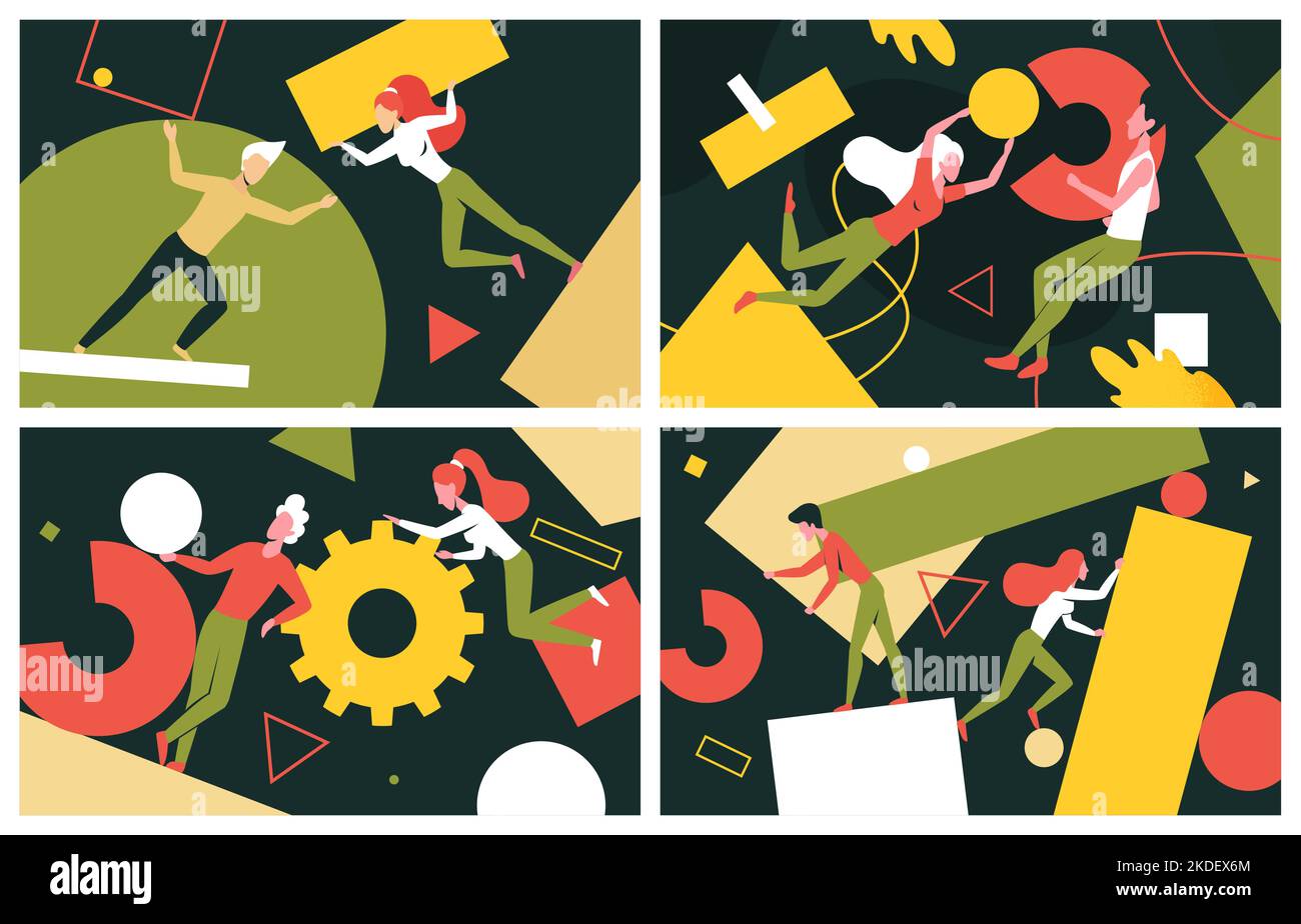 Teamwork of people organize abstract geometric figures set vector ...