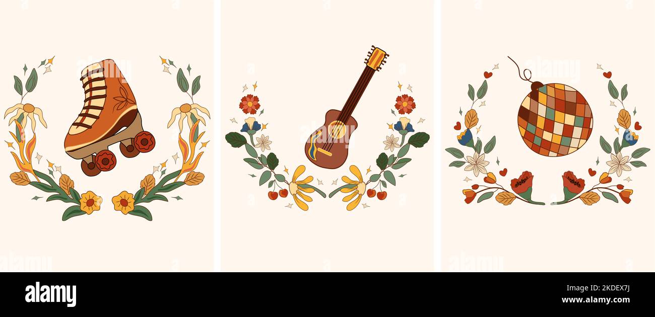 Positive composition 70s with a groovy disco ball, colorful rollers ...