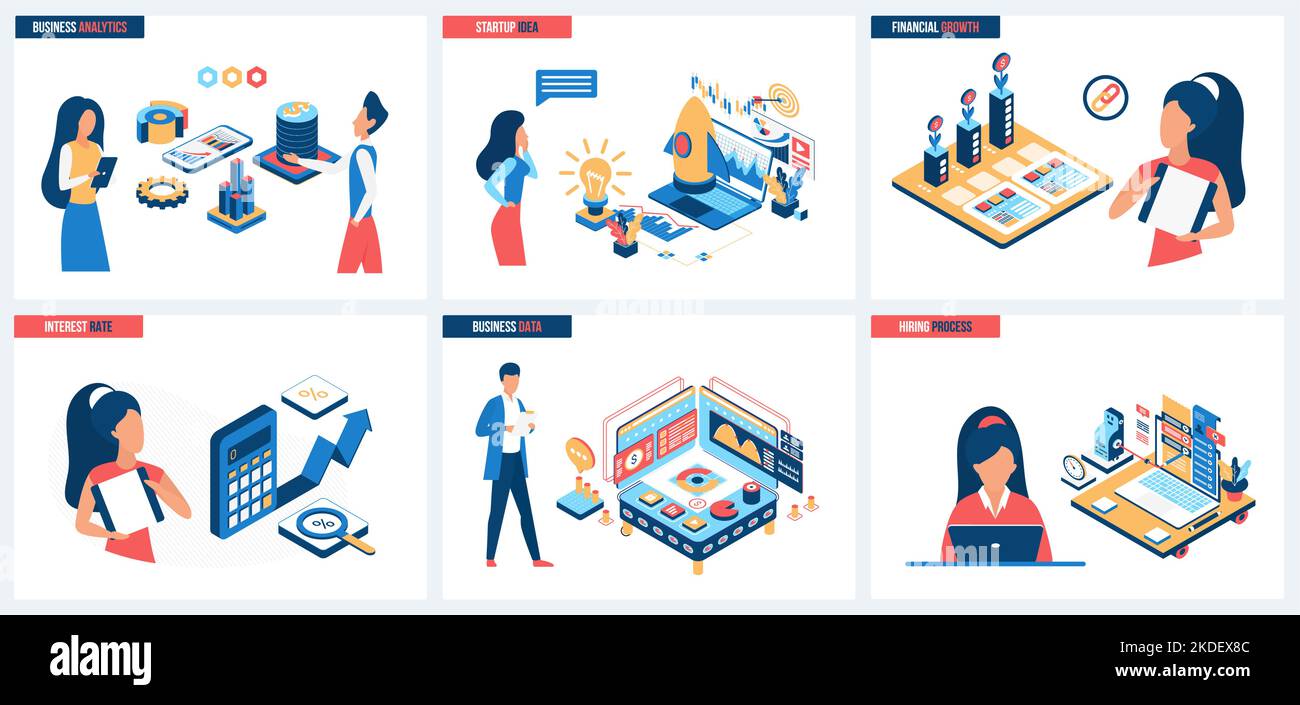 Business startup analytics, financial growth and HR management set ...