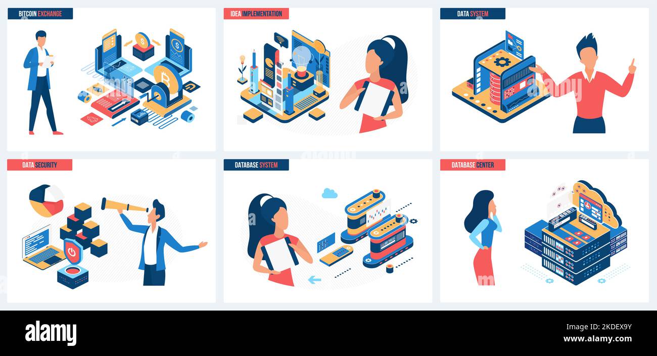 Bitcoin, digital currency and security technology isometric set vector ...