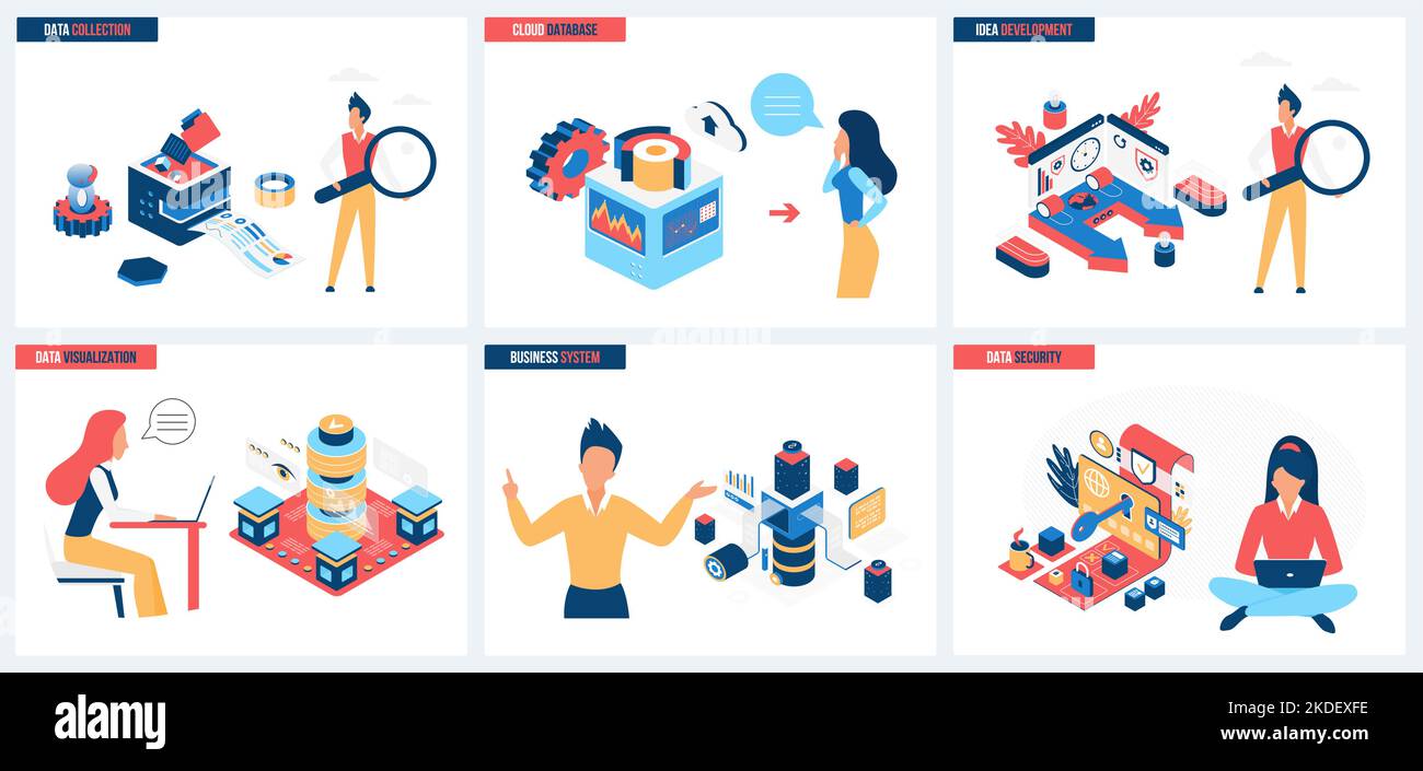 Visualization and online data collection, analytics, idea development and security set vector ...