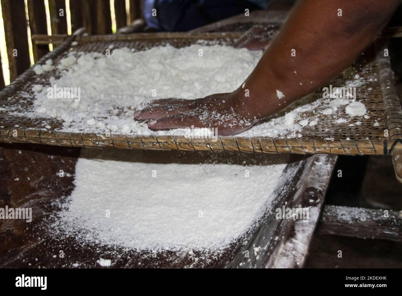 Woman demonstrates preparing and cooking yucca root tortillas in an ...