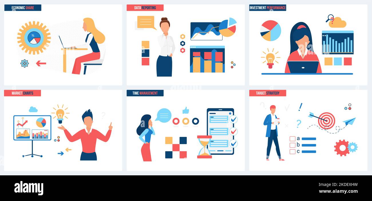 Target market research strategy, investment and time management set vector illustration. Cartoon ...
