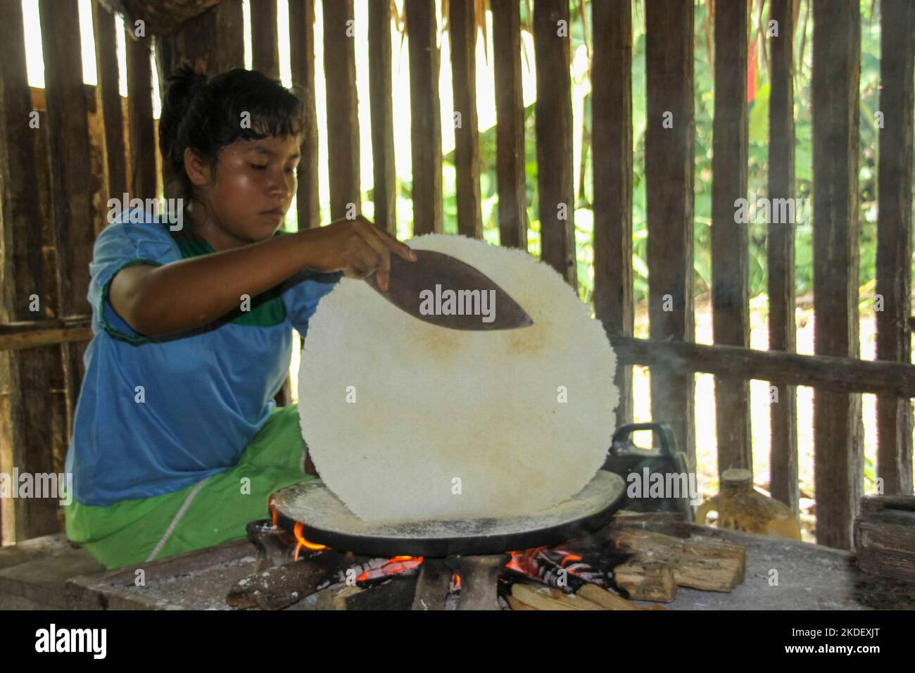 Woman demonstrates preparing and cooking yucca root tortillas in an ...