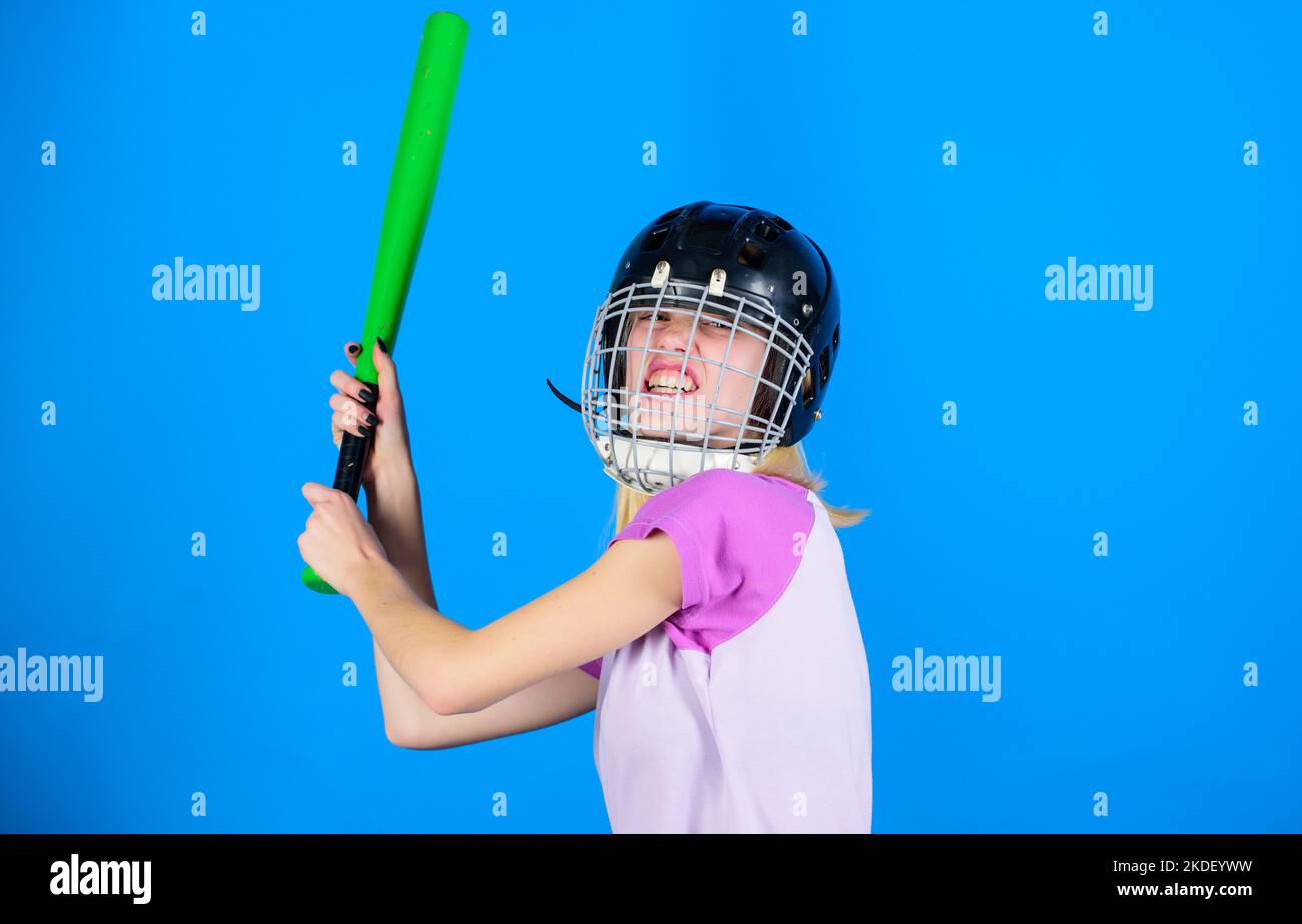Ready repel attack. Woman enjoy play baseball game. Woman in baseball ...