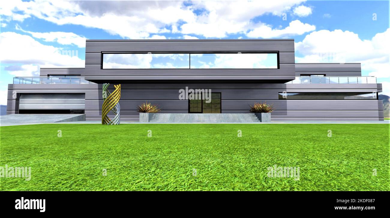 A spacious green meadow in front of the porch of an eco-friendly ...