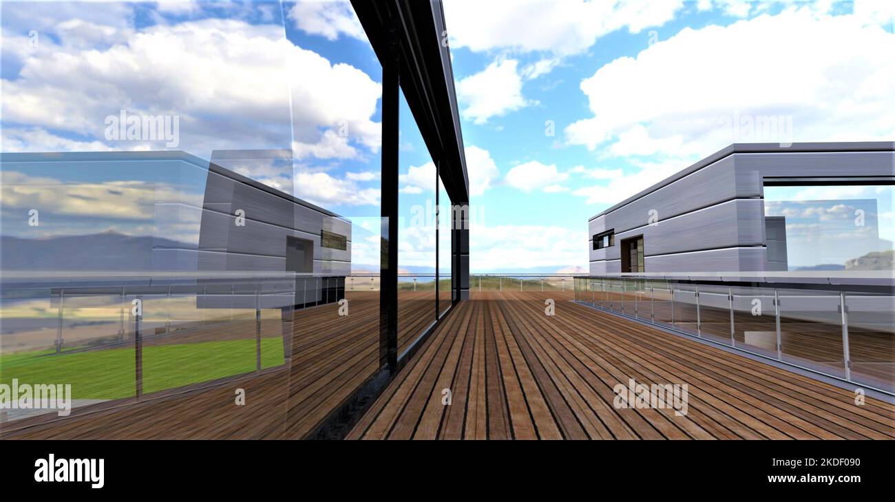 Big mirror glass panoramic doors on the wooden openair terrace of the ...