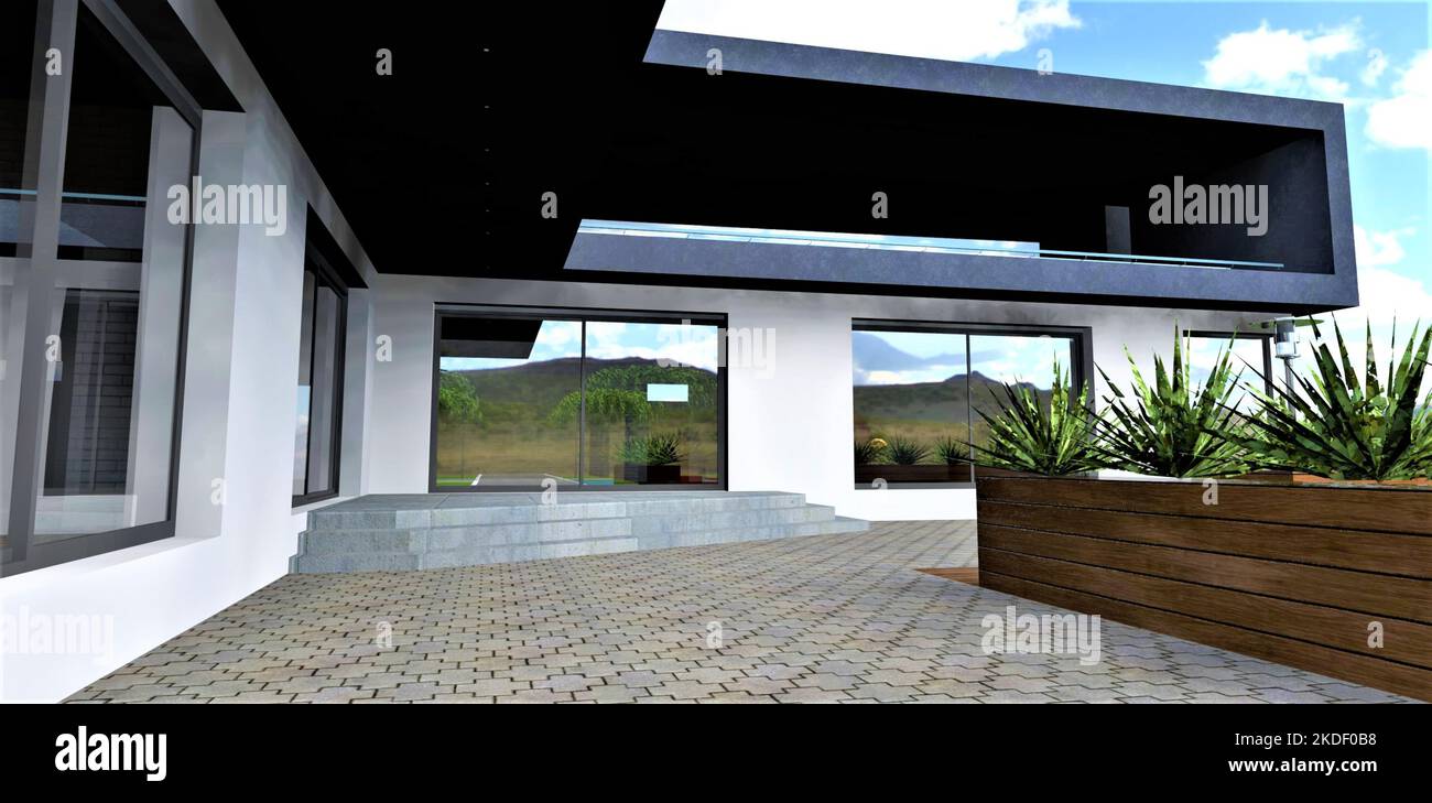 Shady courtyard of a cozy country house. Paving stone from figured ...