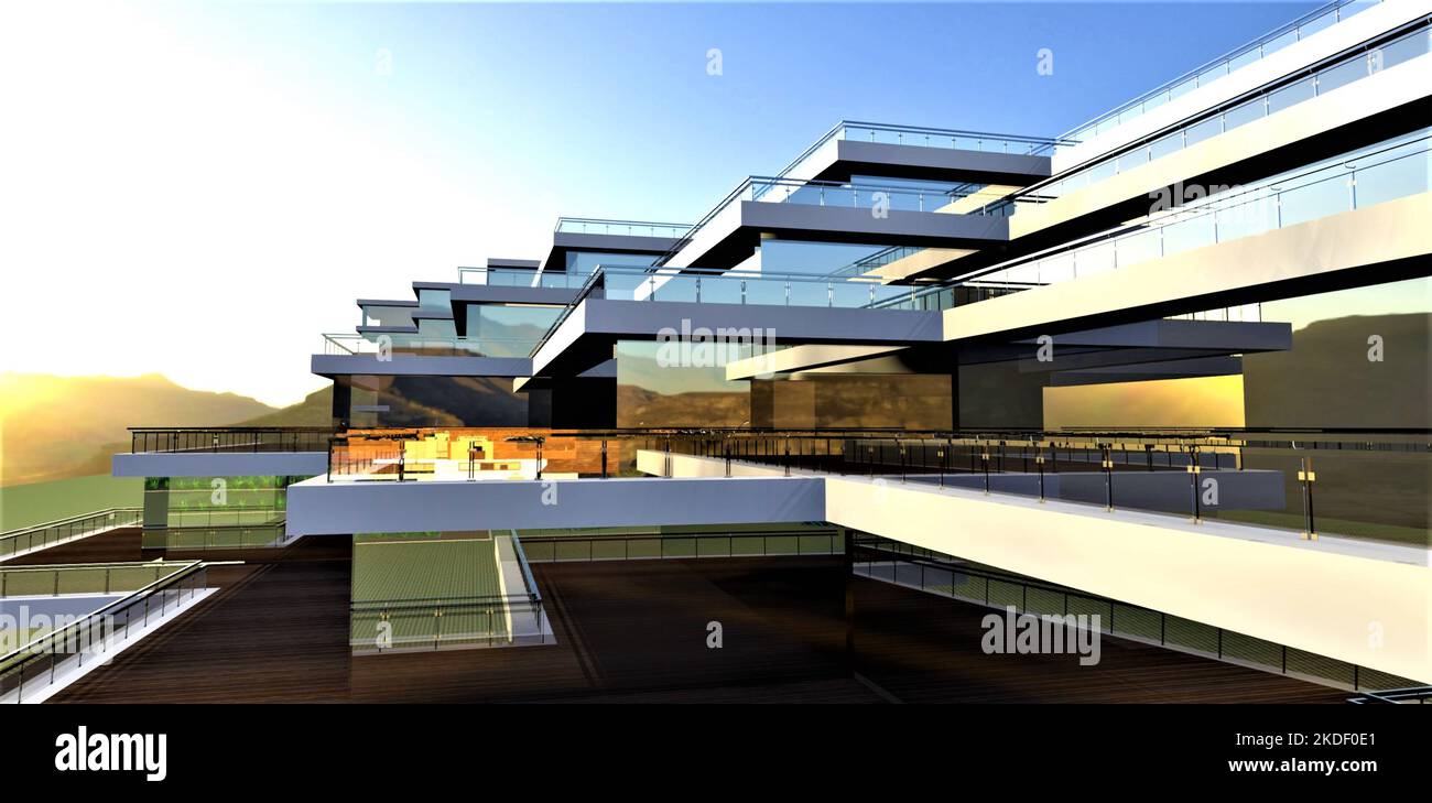 Stunning sunset reflects in the panoramic windows of the contemporary ...