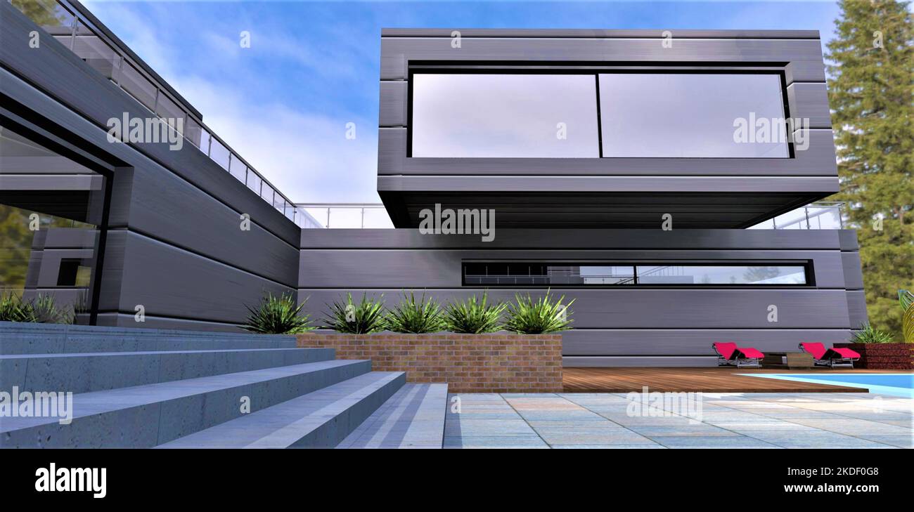 Monolithic concrete staircase in the courtyard of an elite country ...