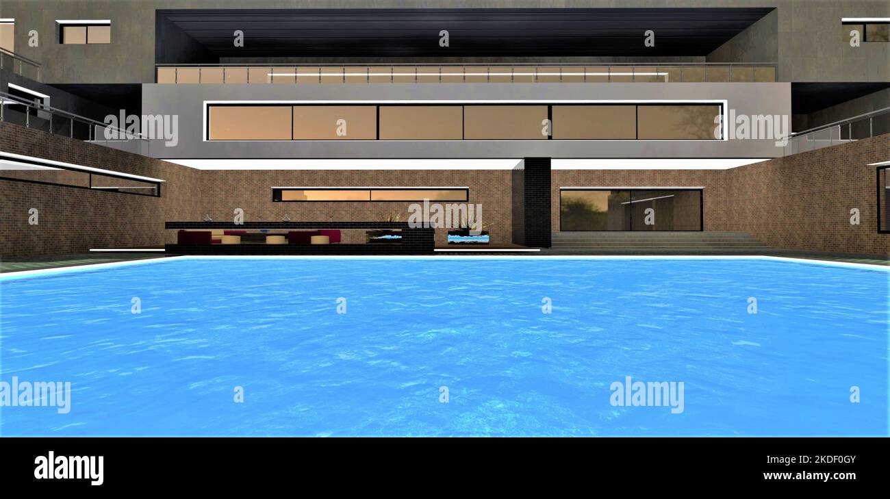 Water ripples on the surface of the pool in the courtyard of a chic ...