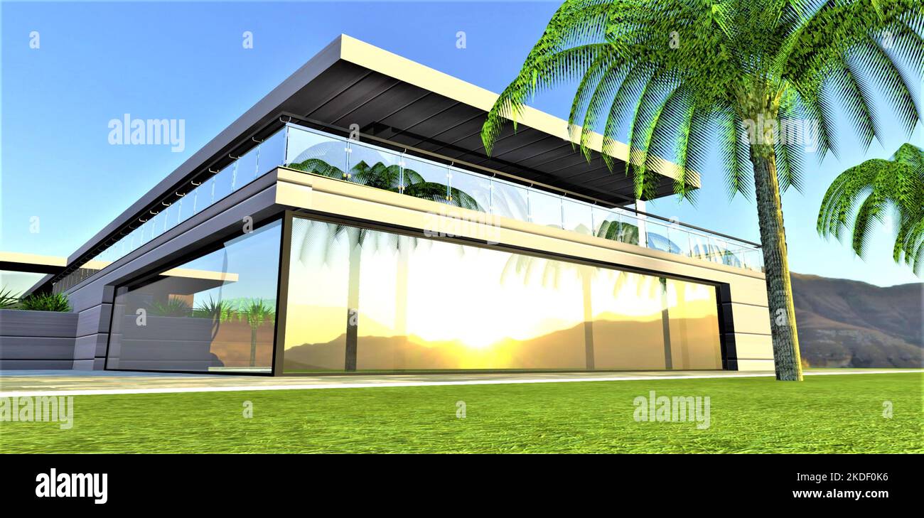 Reflection of the mountains sunset in a large panoramic mirror window ...