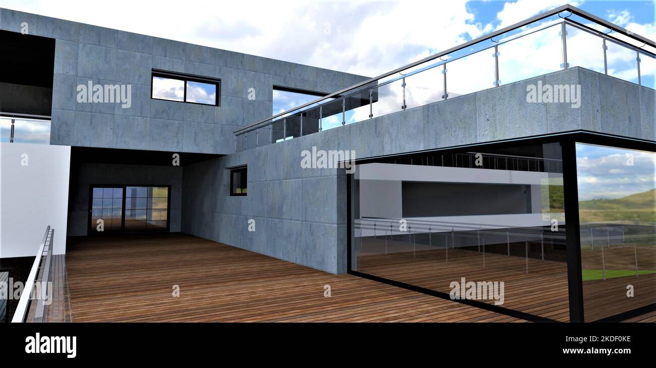 Monolithic concrete as a wall finish on the second floor of a suburban ...