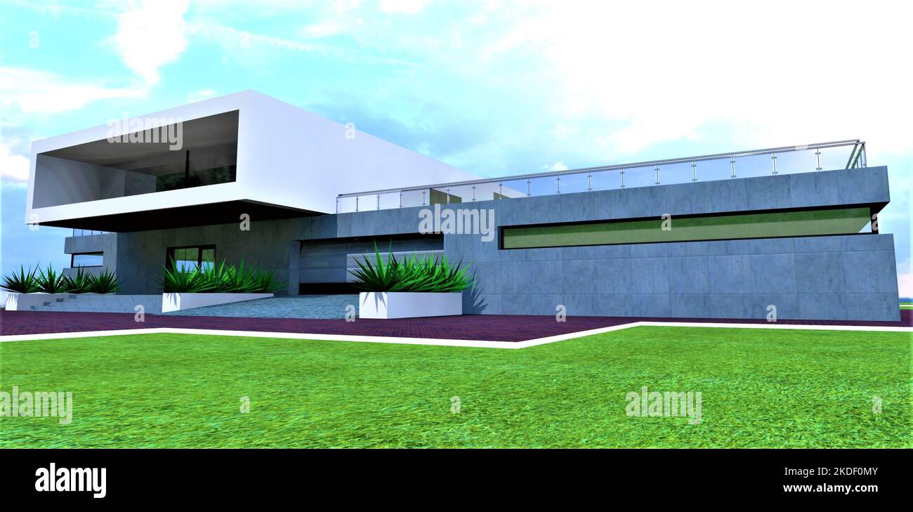 Futuristic concrete house on the green meadow. View to the garage with ...