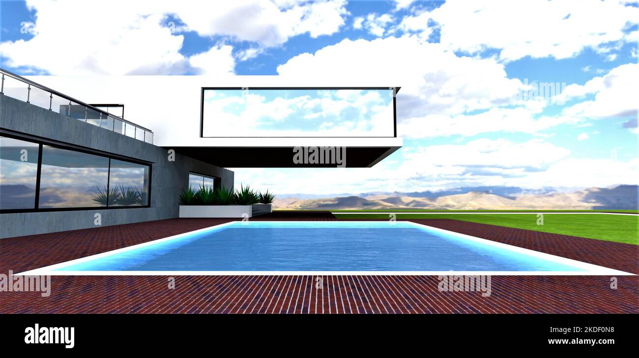 Exclusive design of a luxury villa with pool in a mountain region. Red ...