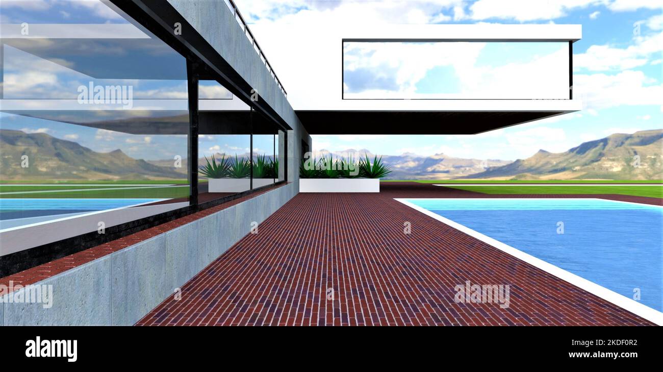 Red brick pavers adjoin the concrete wall of a futuristic marvelous ...