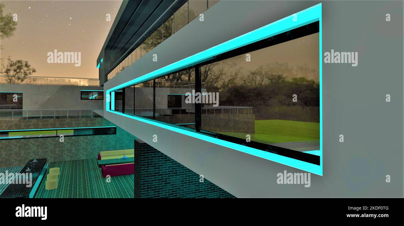 The design of an exclusive long window with turquoise lighting around ...