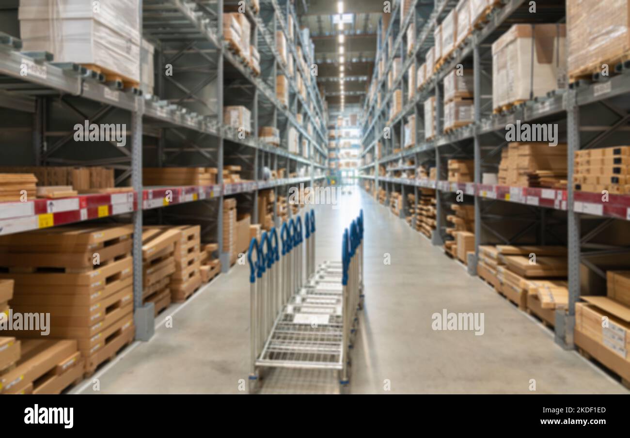 Transport carts in the aisle of a warehouse, store or logistics company ...