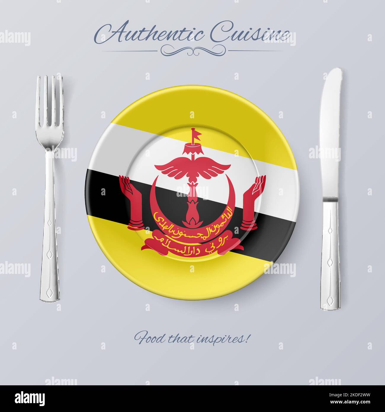 Authentic Cuisine of Brunei. Plate with Bruneian Flag and Cutlery Stock ...