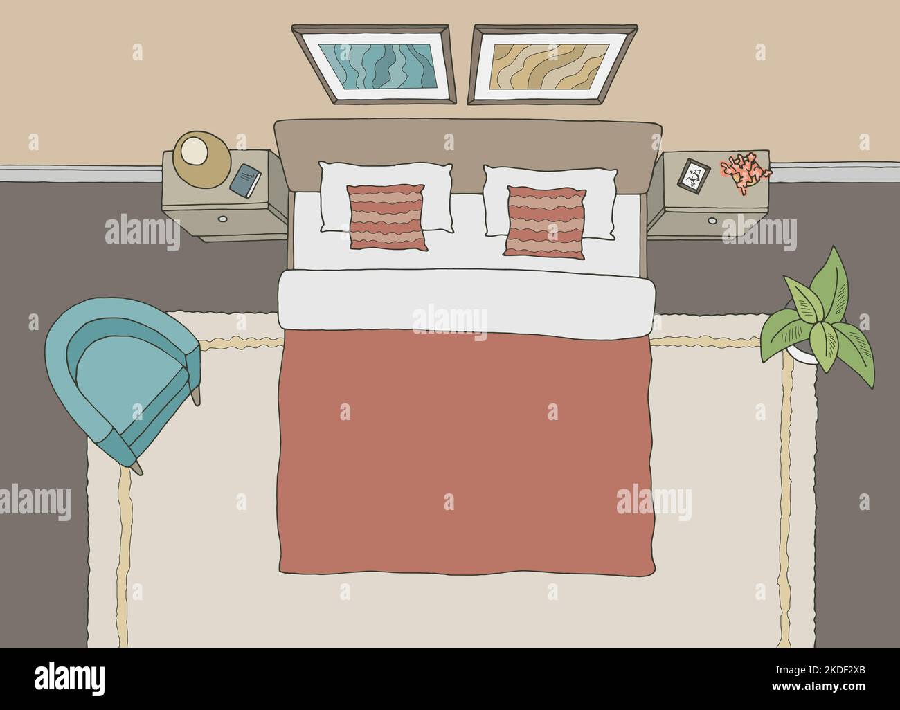 Bedroom top view from above graphic color home interior sketch ...