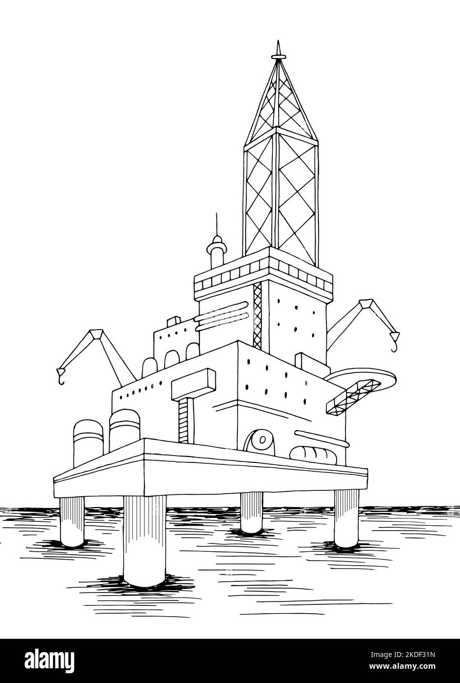 Drilling platform ocean sea landscape graphic black white sketch ...