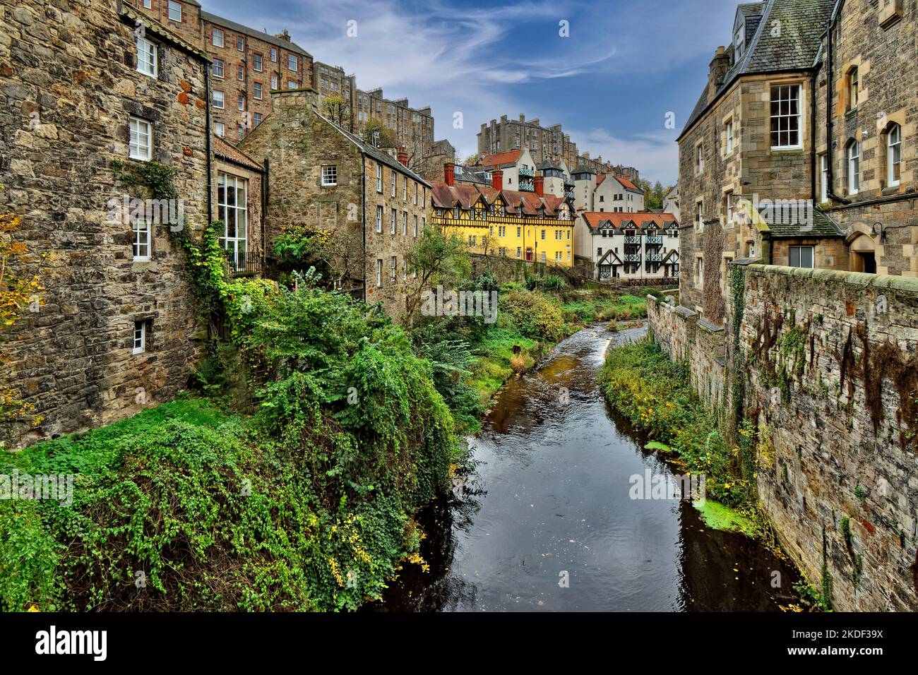 Edinburgh Scotland Dean Village looking down the Water of Leith river ...