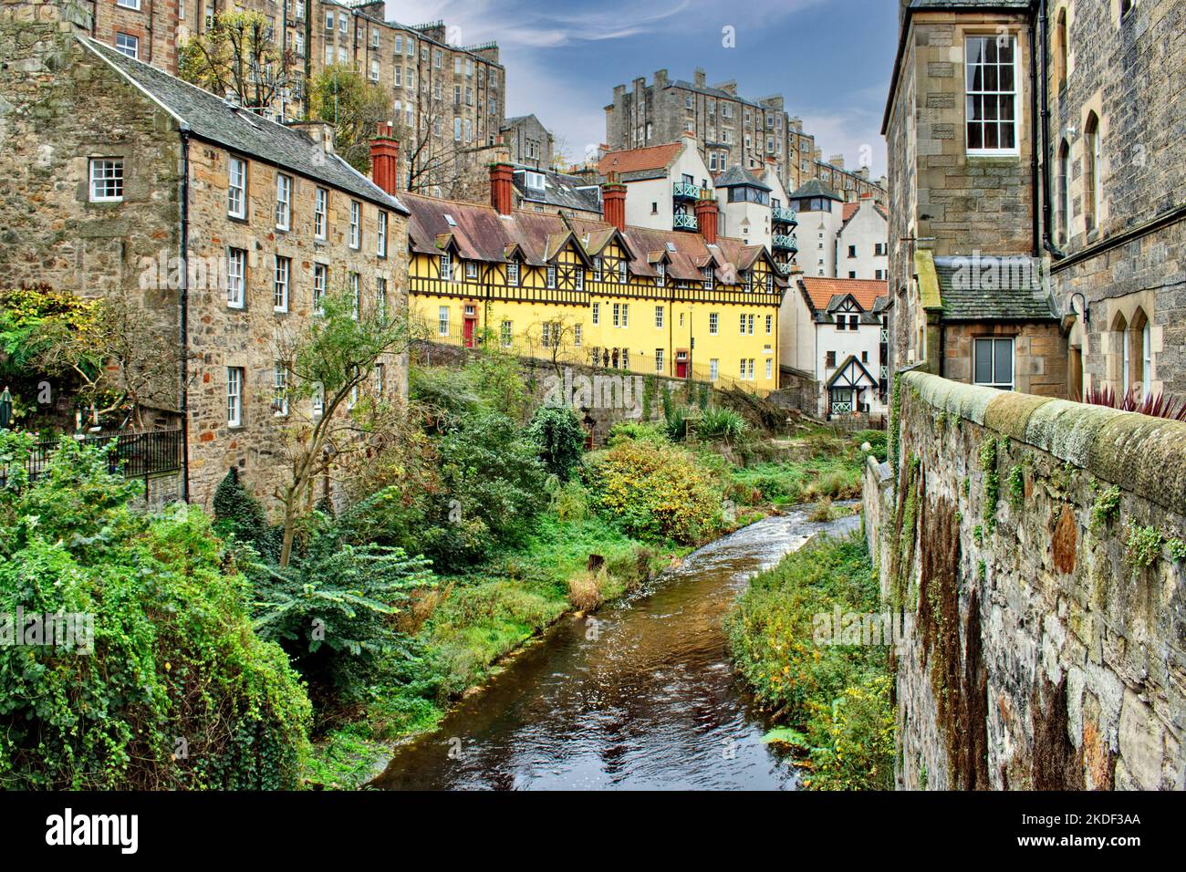 Edinburgh Scotland Dean Village looking down the Water of Leith river ...