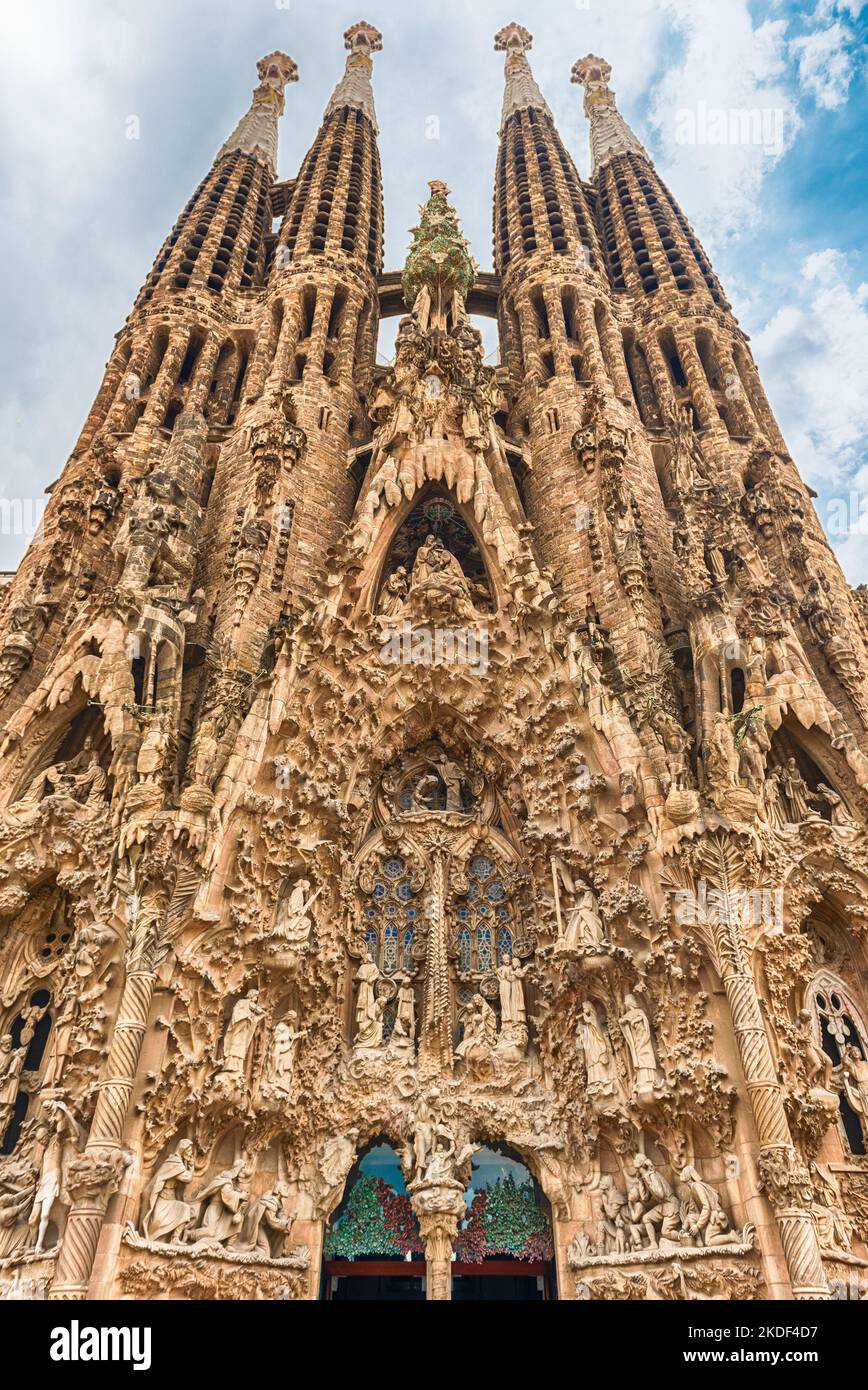 BARCELONA - AUGUST 9: The Nativity Facade of the Sagrada Familia, the ...