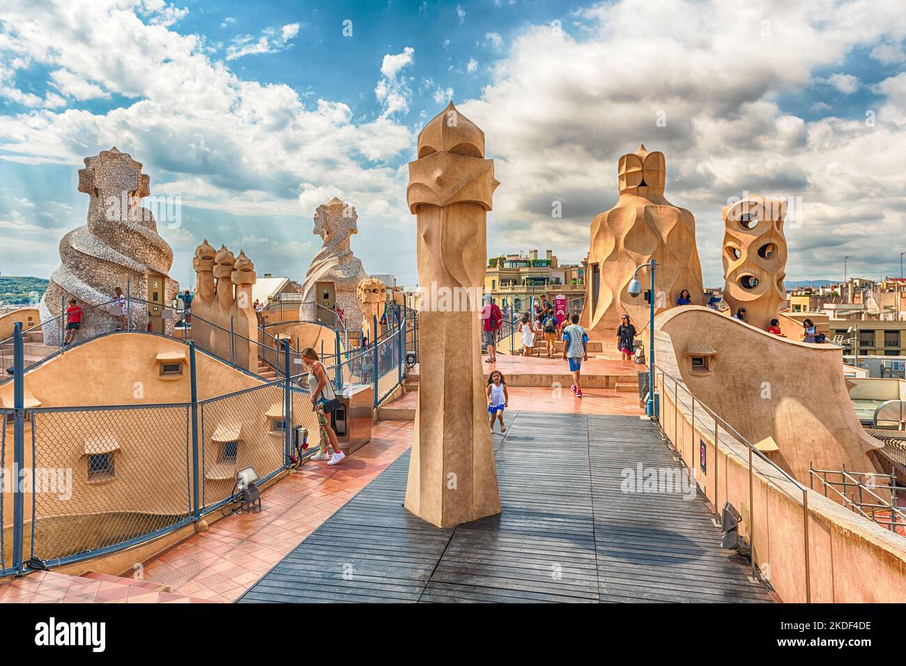 BARCELONA - AUGUST 9: The scenic architecture on the rooftop of Casa ...
